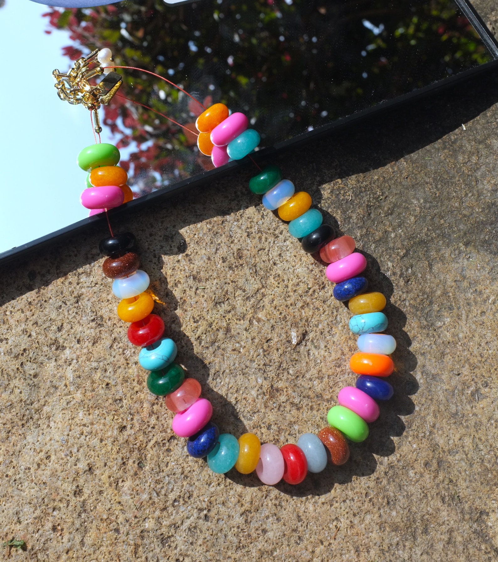 Handmade Colorful Disc Natural Stone Necklace, Rainbow Gemstone Beaded ...