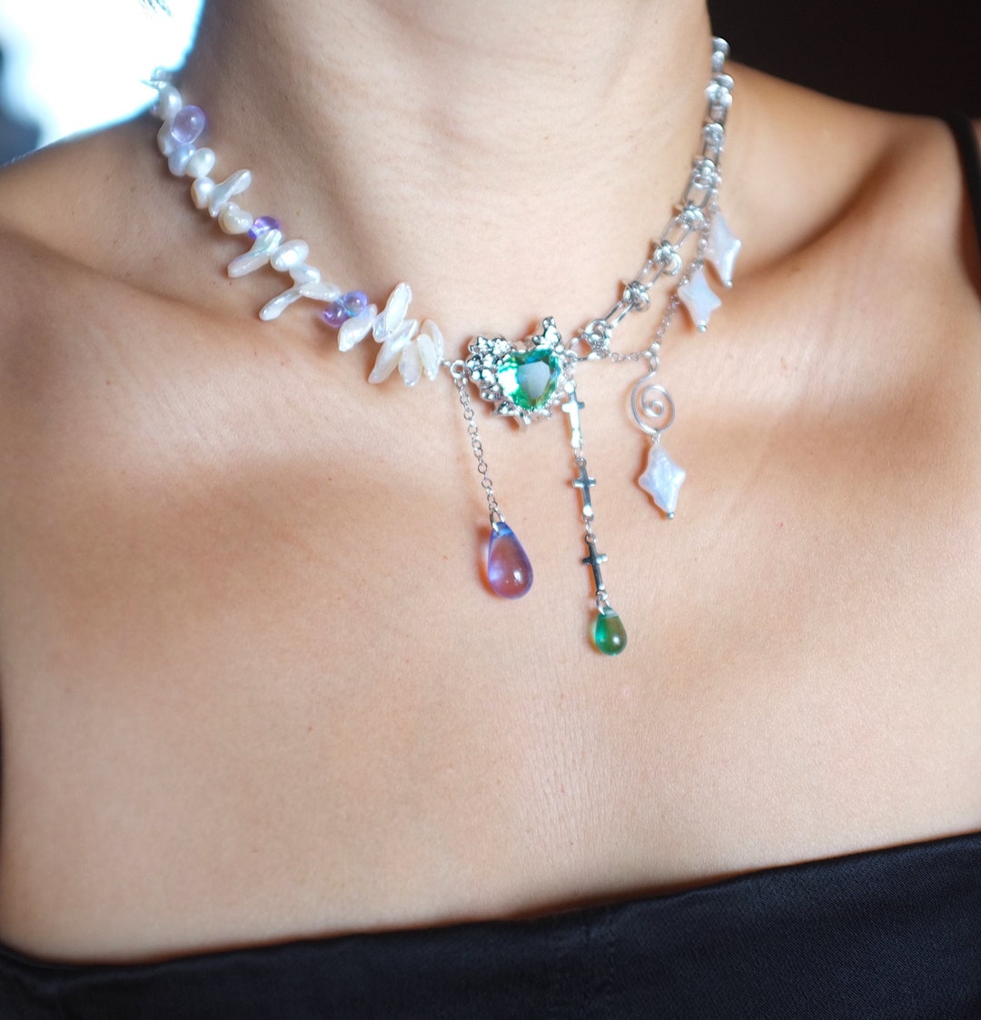 Hand Made Keshi Freshwater Pearls Heart Choker, Blue Green Water Drop ...