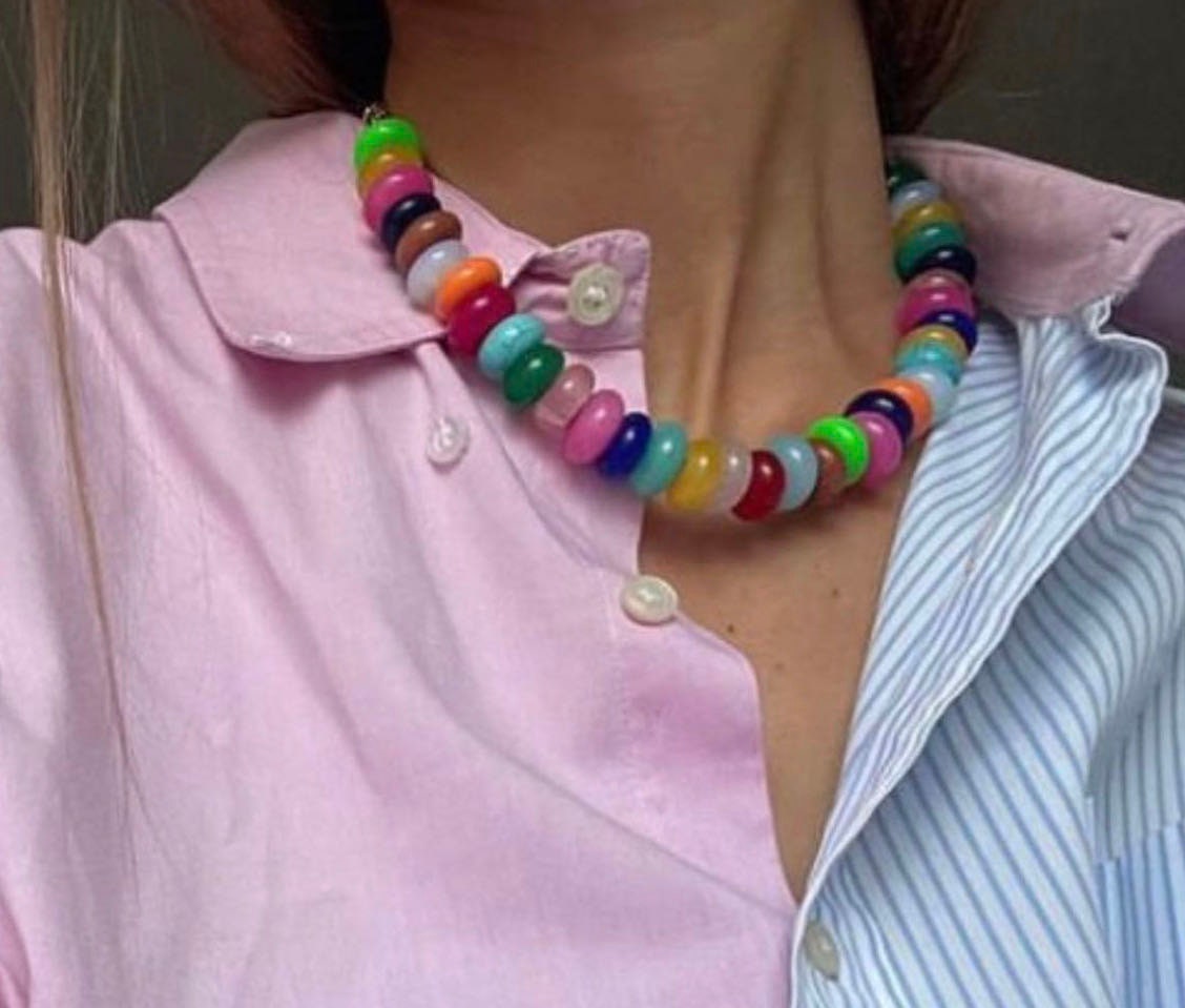 Handmade Colorful Disc Natural Stone Necklace, Rainbow Gemstone Beaded ...