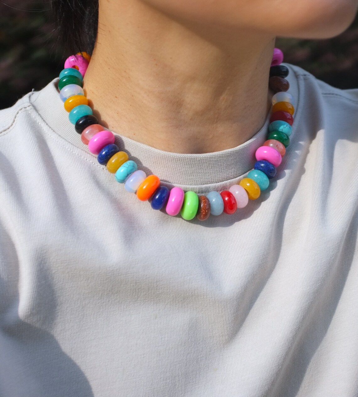 Handmade Colorful Disc Natural Stone Necklace, Rainbow Gemstone Beaded ...