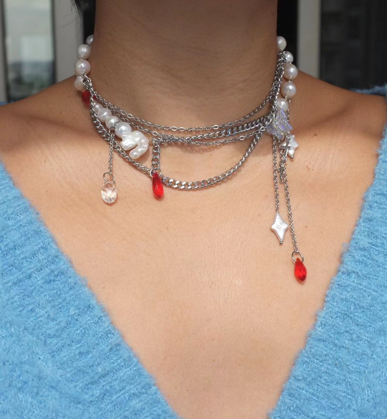 Hand Made Keshi Pearl With Red Tear Drop Beads Necklace, Gothic Core ...