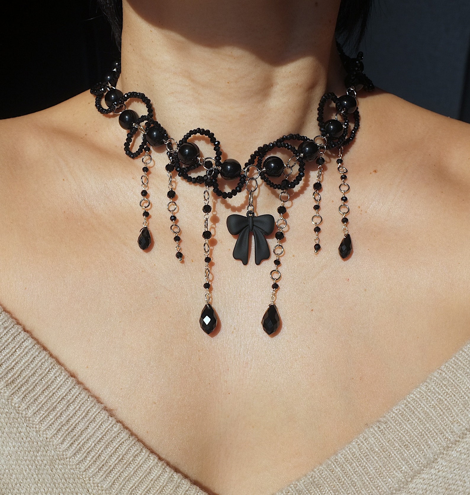 Handmade Black Bow Waterfall Choker/necklace.crystal,hand Wired, Dark ...