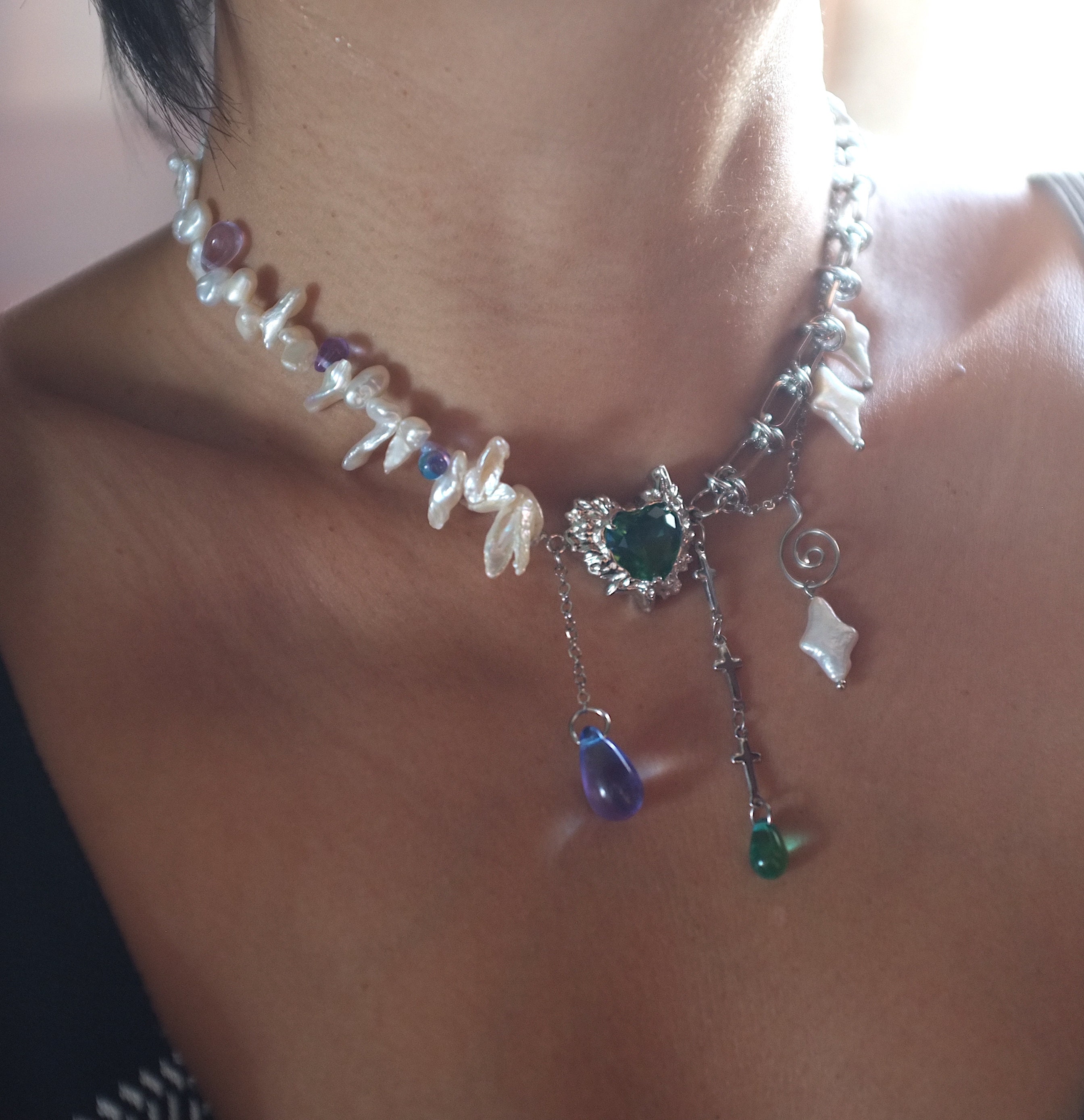Hand Made Keshi Freshwater Pearls Heart Choker, Blue Green Water Drop ...