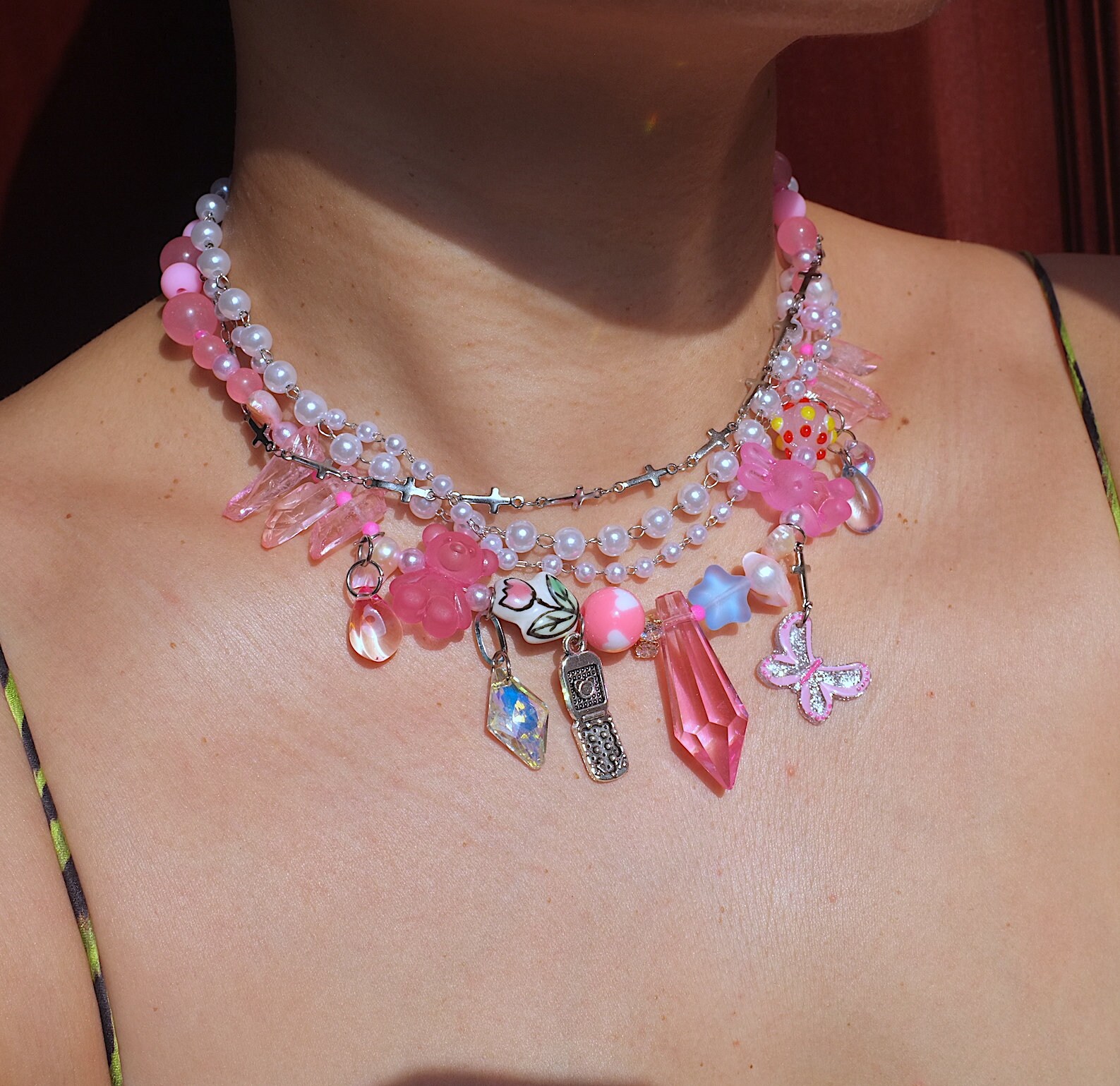 Handmade Pink Crystal Butterfly Layers Necklace,y2ks 90's Style, Bunny ...