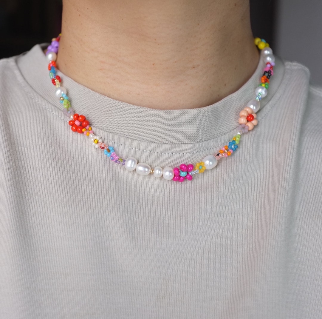 Hand Made Daisy Flower Glass Beaded Freshwater Pearls Necklace/bracelet ...