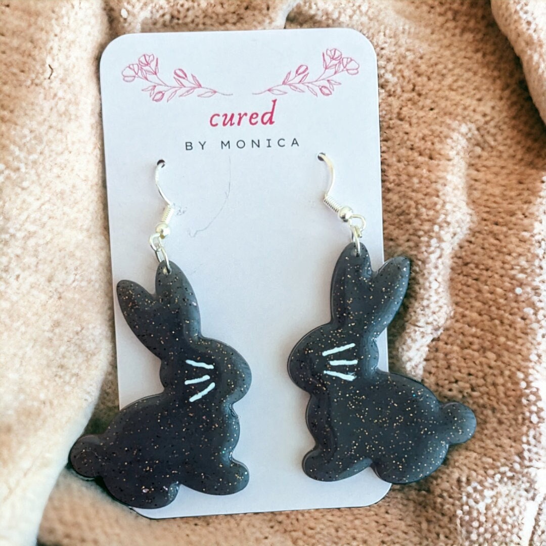 Black Rabbit Earrings, Brown Glitter, Bunny, Cute, Painted White ...