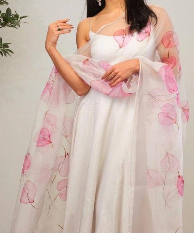 White Floral Hand Painted Pink Leaf Dupatta , Embellished Dupatta ...