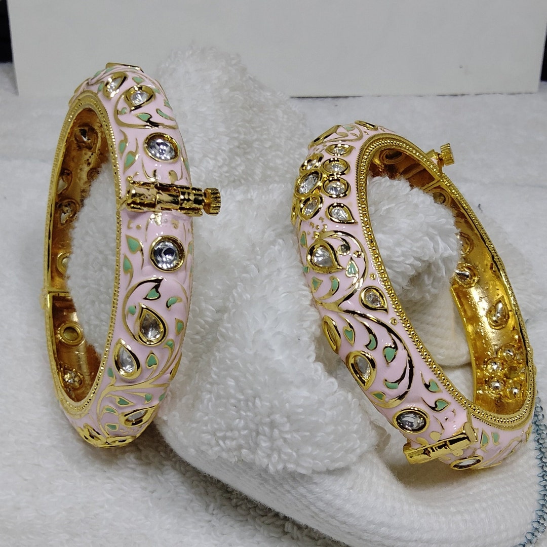 Pink+mint Meenakari Kundan Bangle, Indian Bangle , Openable Bangles for Women, Kundan Meenakari ...