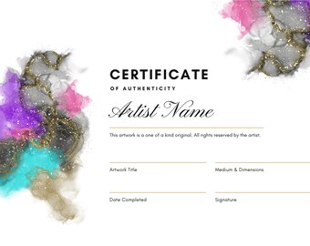 Editable Certificate of Authenticity for Artwork, Artwork Certificate ...