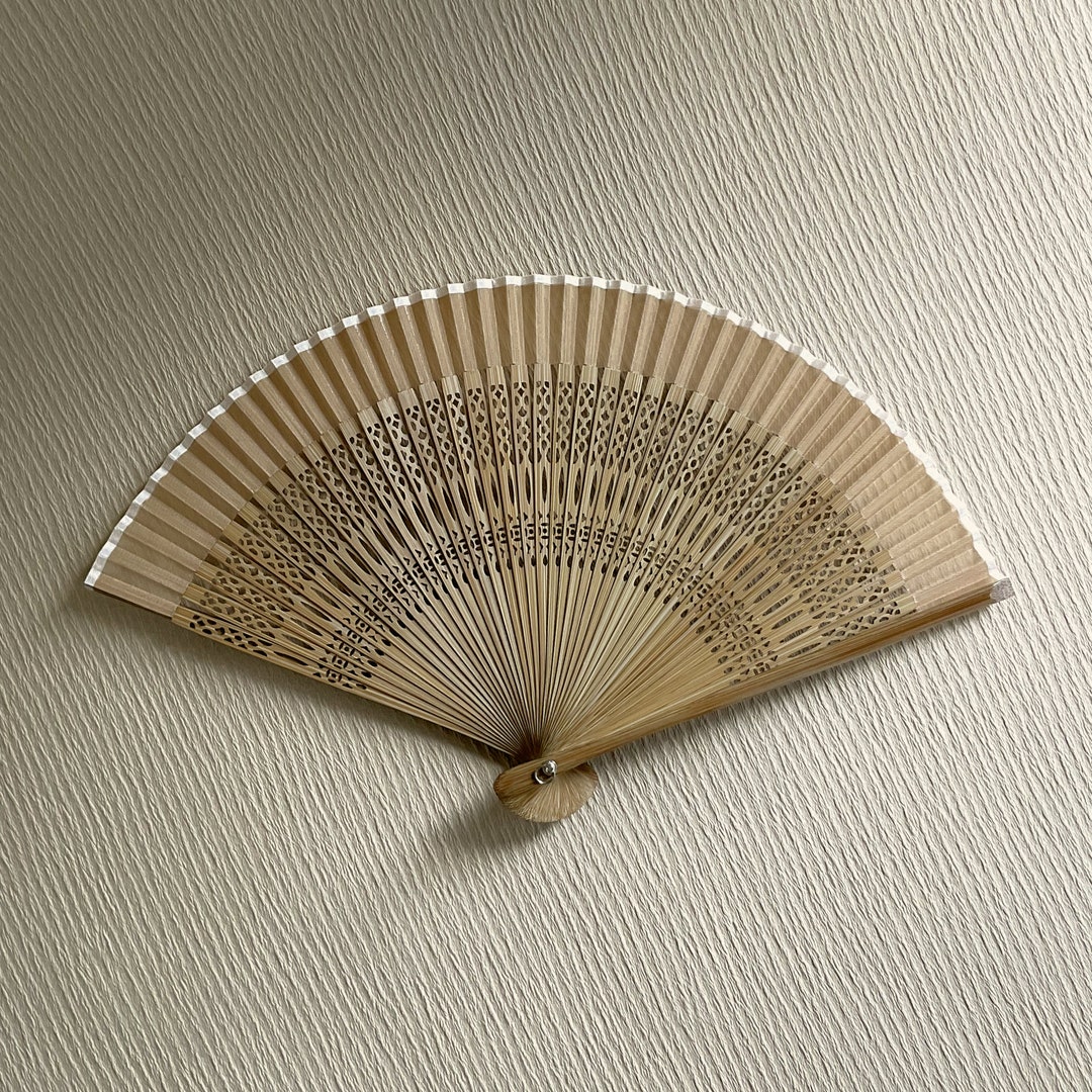 Engraved Mini Bamboo Hand Fan 7, Bohemian Carved Brown Tan Fabric ...