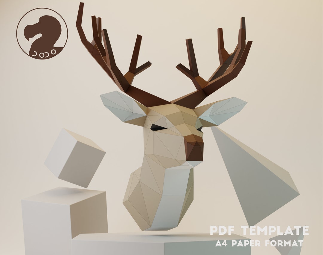 XL Deer Head 3D Papercraft, Deer Wall Decor, Low Poly Paper Sculpture ...