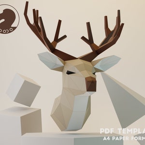 XL Deer Head 3D Papercraft, Deer Wall Decor, Low Poly Paper Sculpture ...
