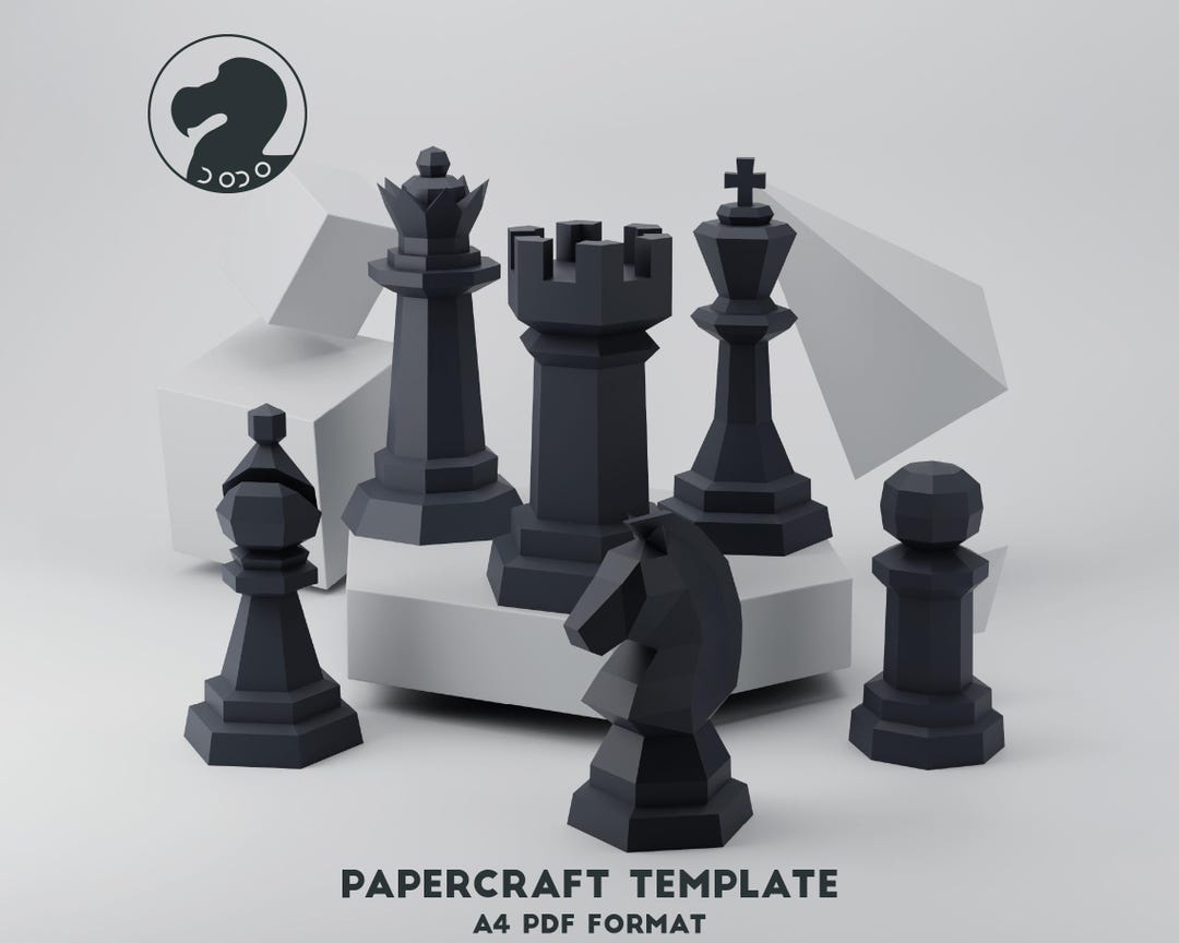 3D Chess Set Papercraft Template: Low Poly Chess Pieces (PDF Pattern ...