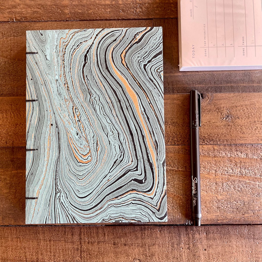 Handmade Teal Marble Paper Journal | Coptic Stitch, Lay-flat - Etsy
