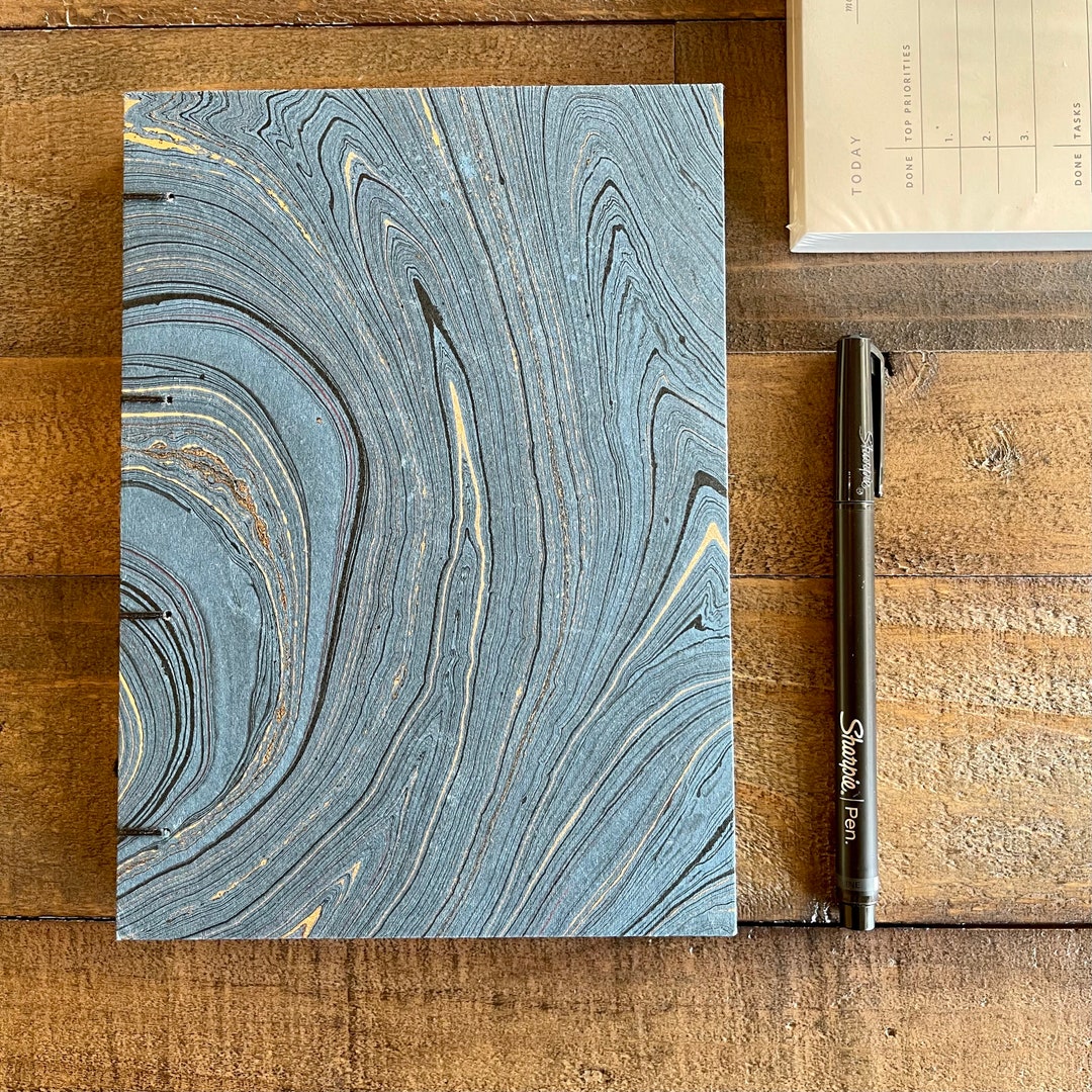 Handmade Dark Blue Marble Paper Journal | Lay-flat Coptic Binding - Etsy