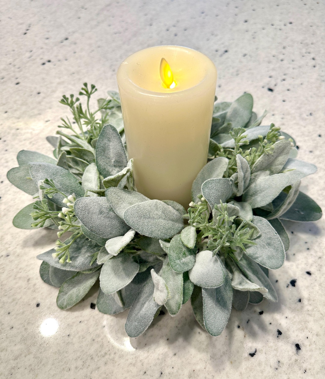 Mini Wreath Candle Ring Lamb’s Ear and White Buds, Spring Mini Wreath ...