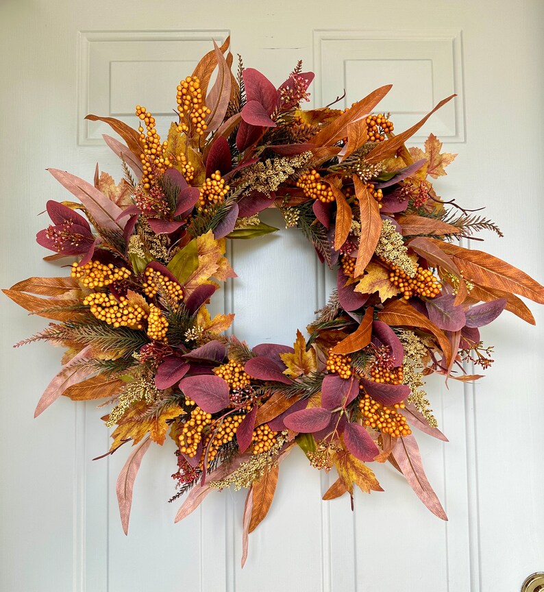 Fall Wreath With Willow Eucalyptus, Maple Leaves and Berries Autumn ...