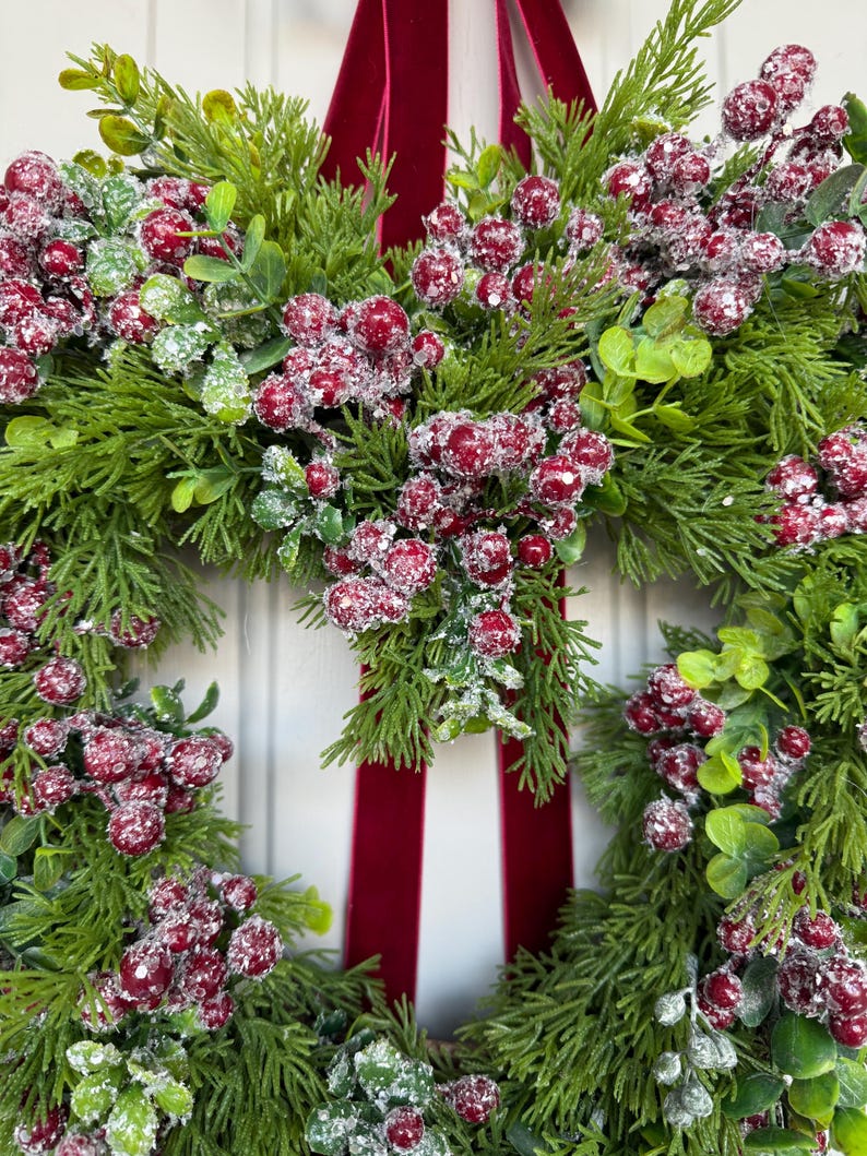 Heart Shaped Front Door Faux Juniper and Berry Wreath, Valentine’s Day ...