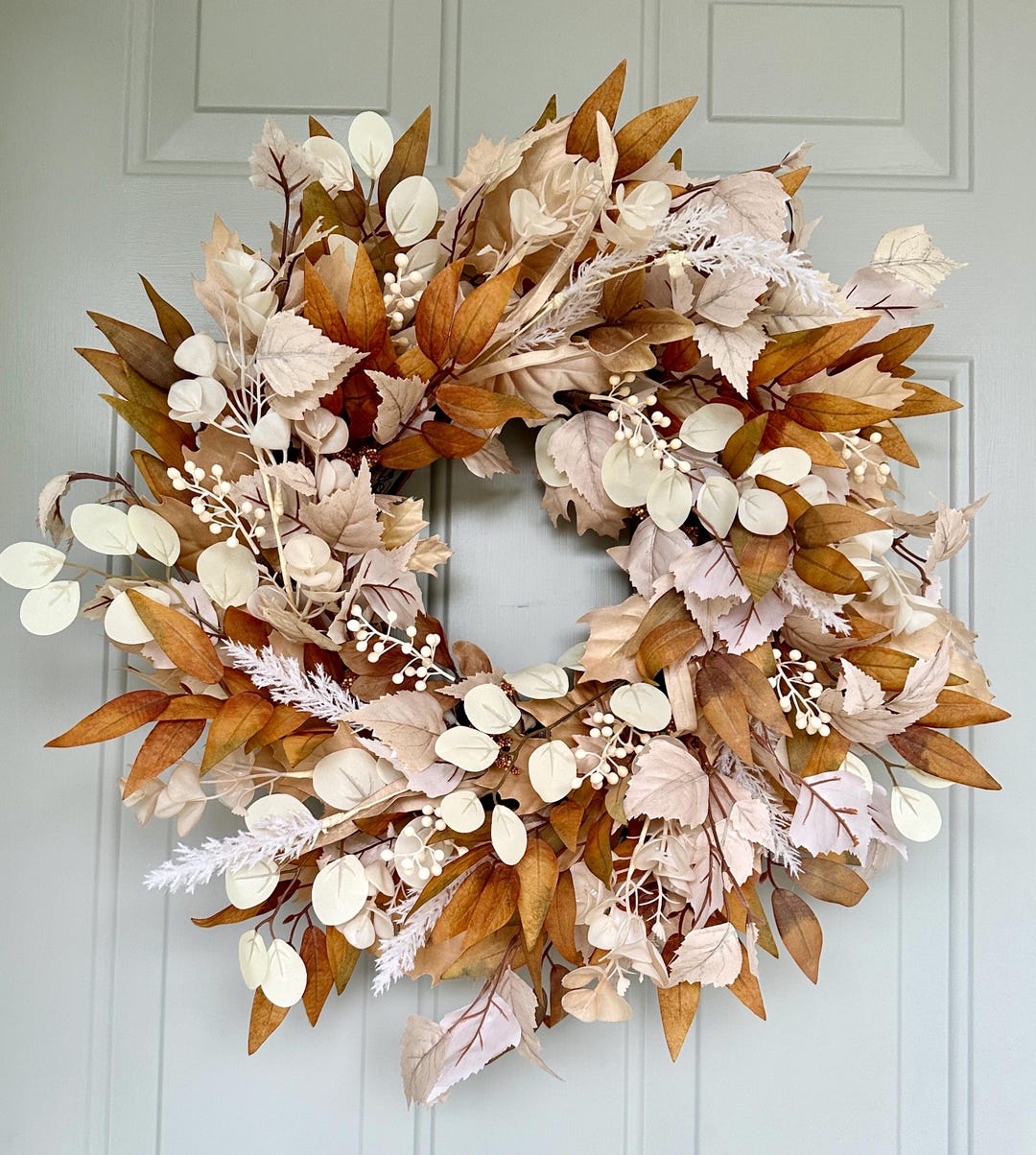 Fall Wreath With Beige Maple Leaves, White Birch Leaves, and Cream ...