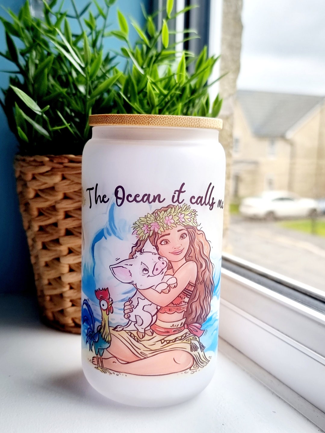 Moana Glass Cup | 16oz Libbey Beer Can Style Glass Cup With Bamboo Lid ...