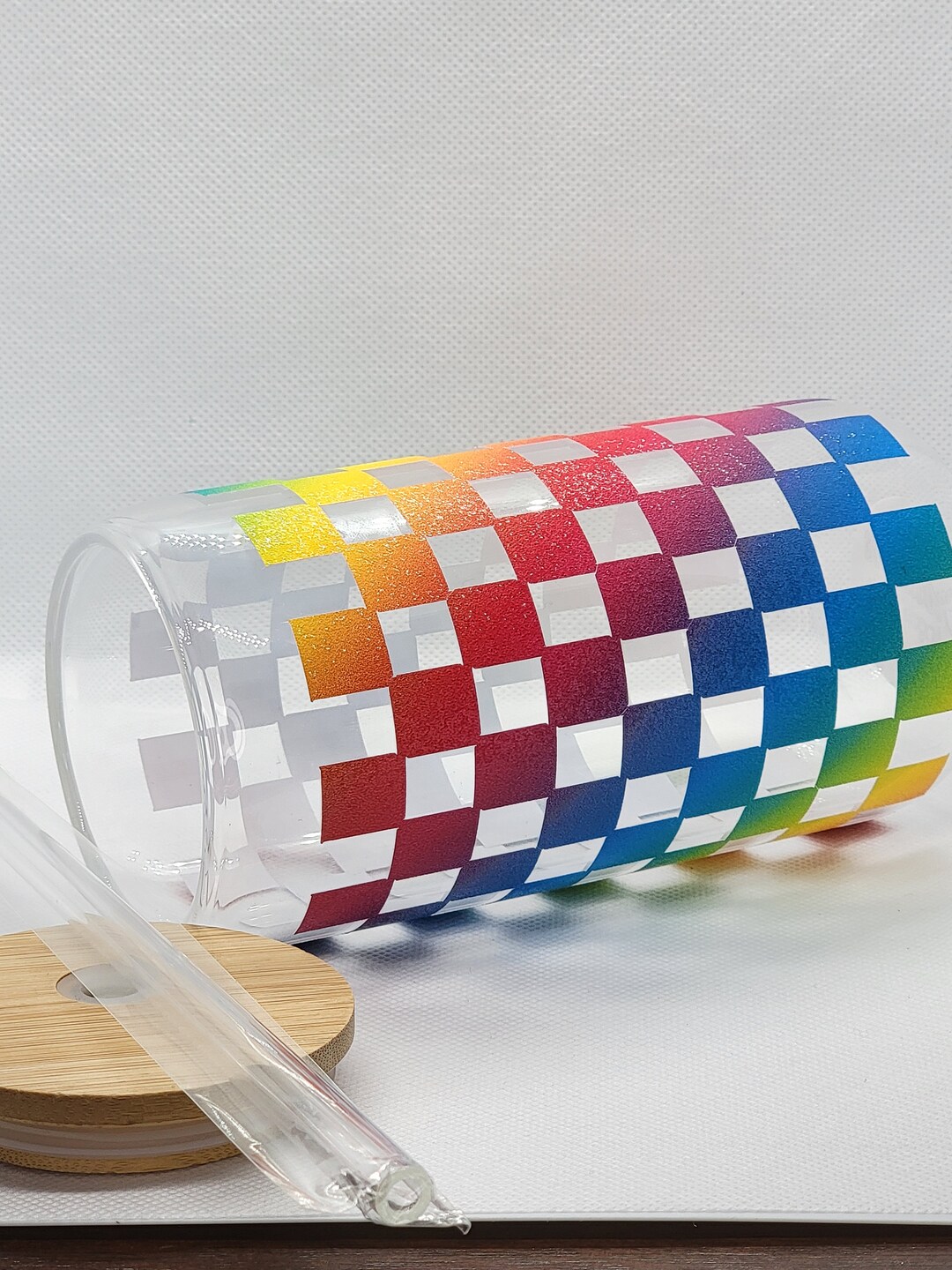 Rainbow Checker Glass Can 18 Oz. rainbow perfectgift glasscan - Etsy