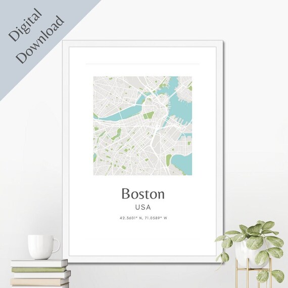 Beautiful Square Travel Map of Boston Downloadable Art | Etsy