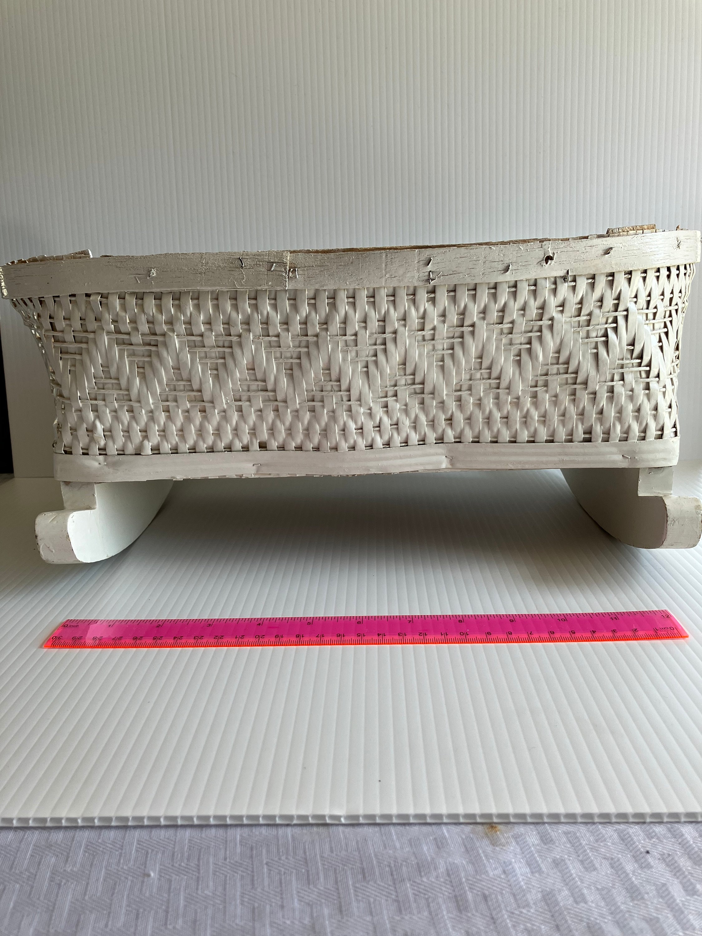 Vintage Wood and Wicker Baby Doll Rocking Cradle Bassinet White on ...