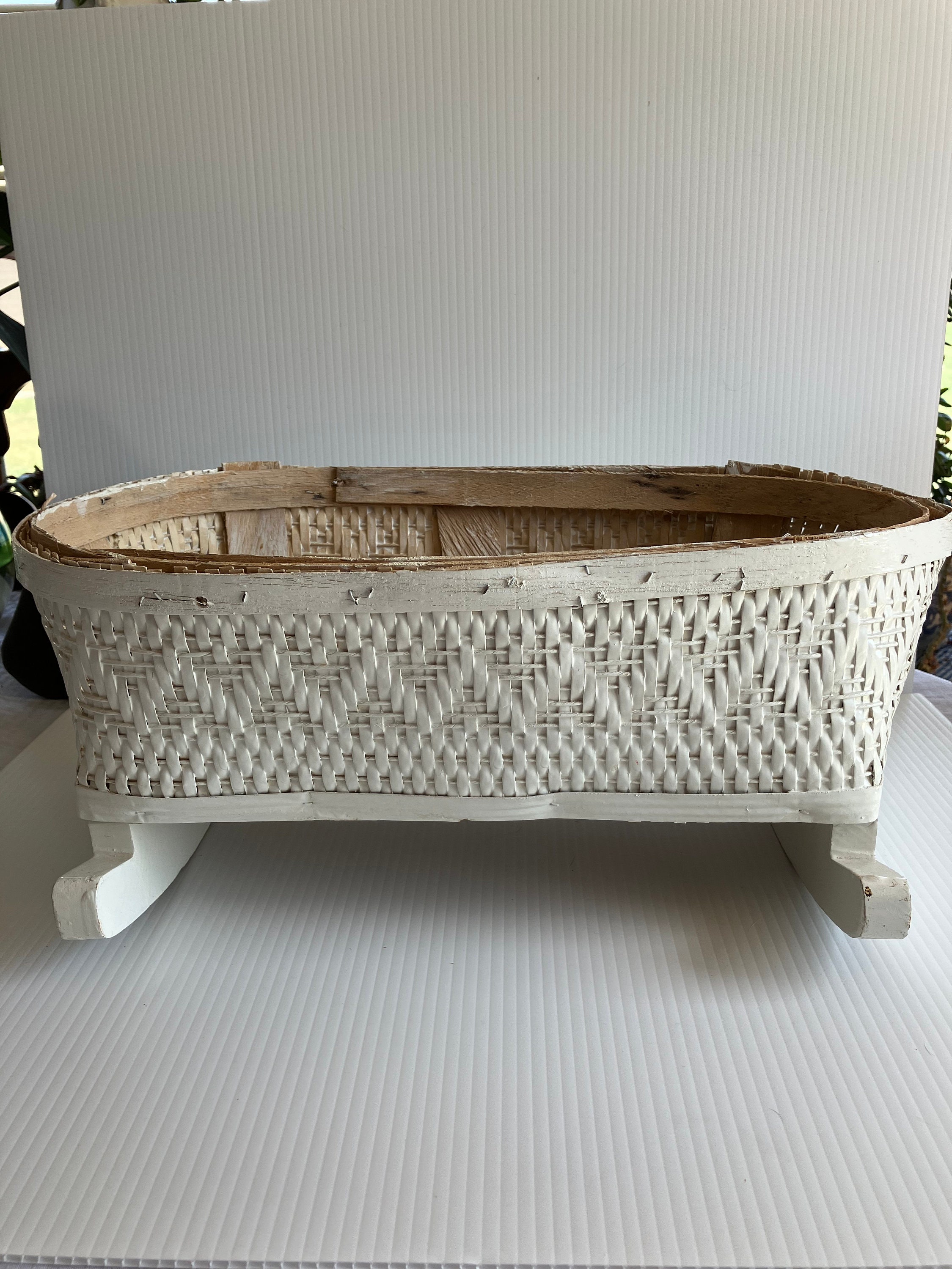 Vintage Wood and Wicker Baby Doll Rocking Cradle Bassinet White on ...