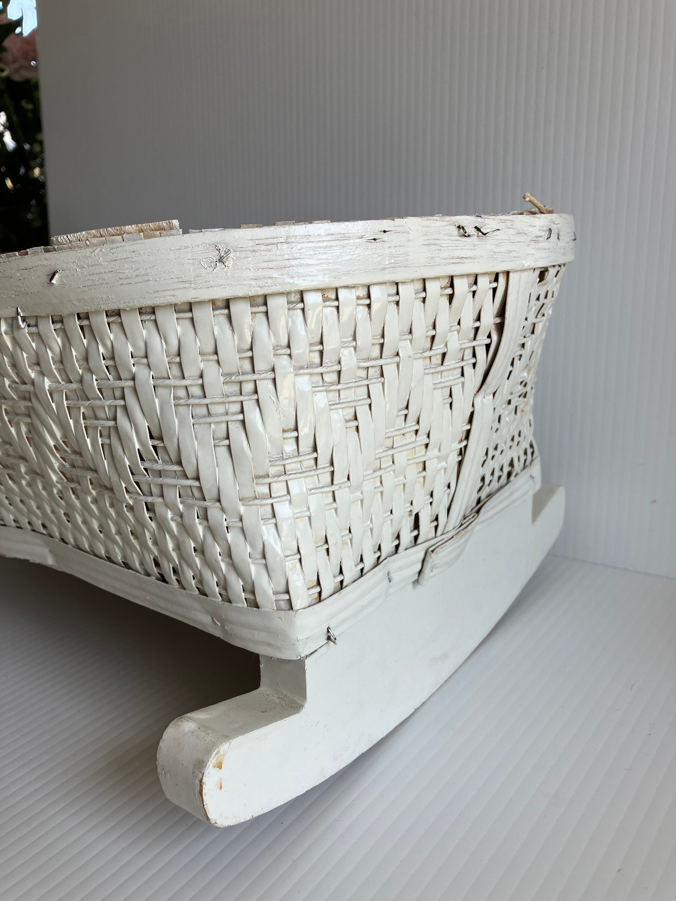 Vintage Wood and Wicker Baby Doll Rocking Cradle Bassinet White on ...