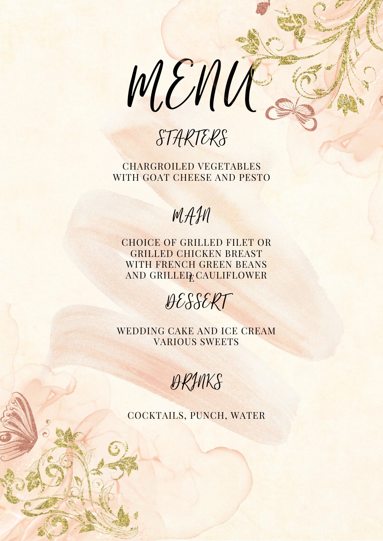 Wedding Menu Template, Pink and Gold Menu Card Template, Calligraphic ...