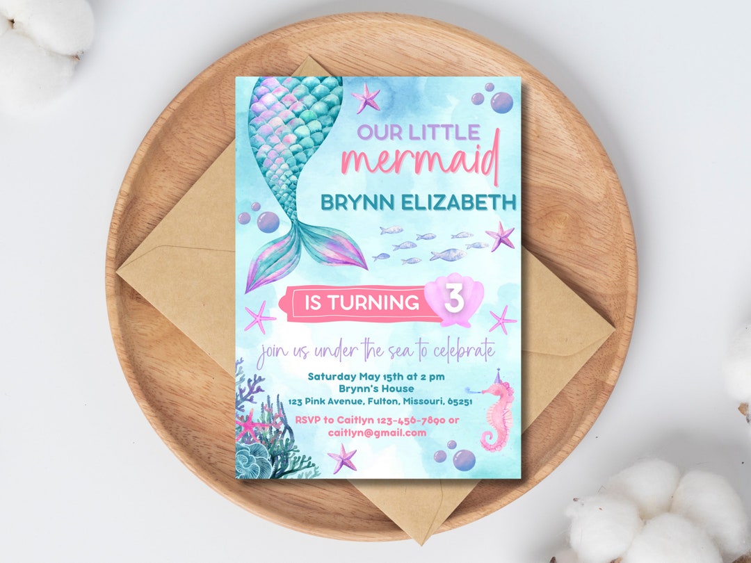 Editable Mermaid Birthday Invitation, Mermaid Invite, Under the Sea ...