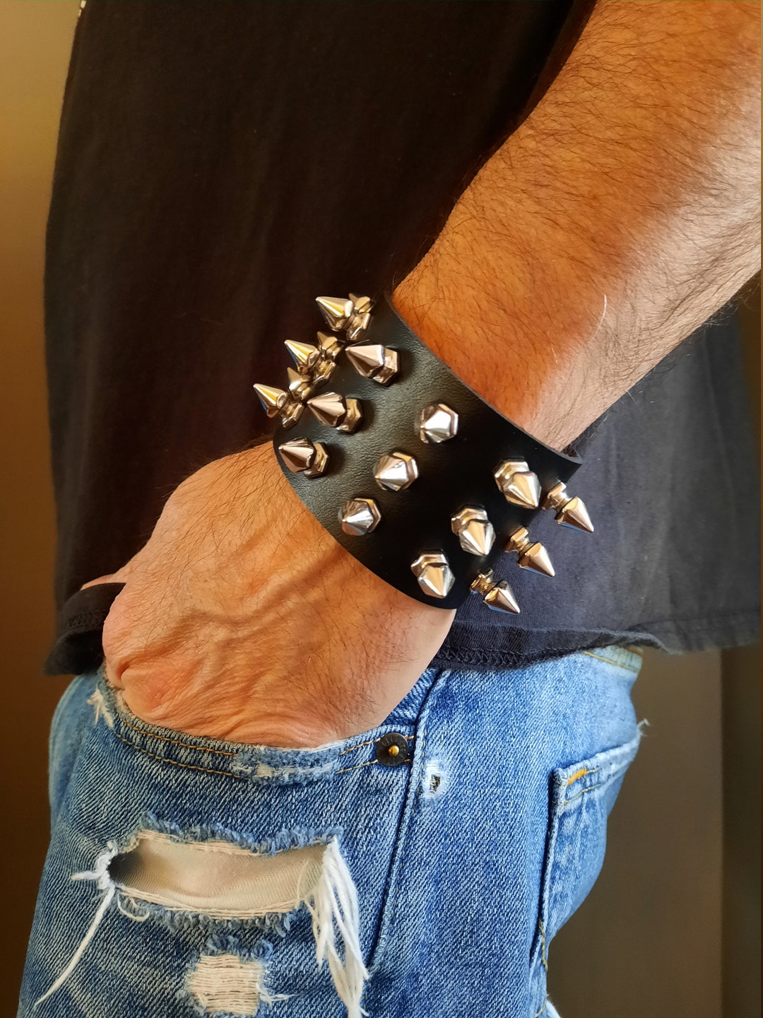 3 Row Leather Spike Bracelet, Cuspidal Spike Cuff, Large Studded Black ...