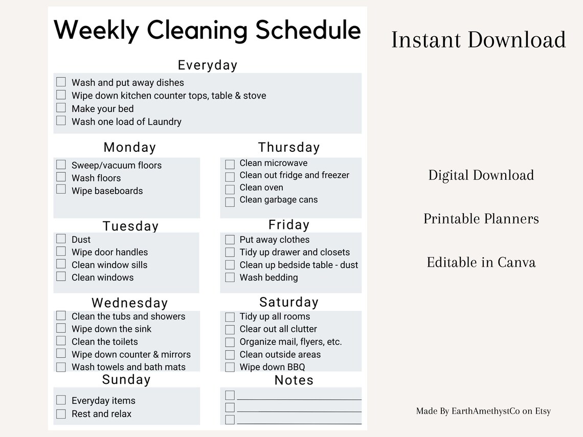 Weekly Cleaning Schedule Weekly to Do List Weekly Cleaning Template ...