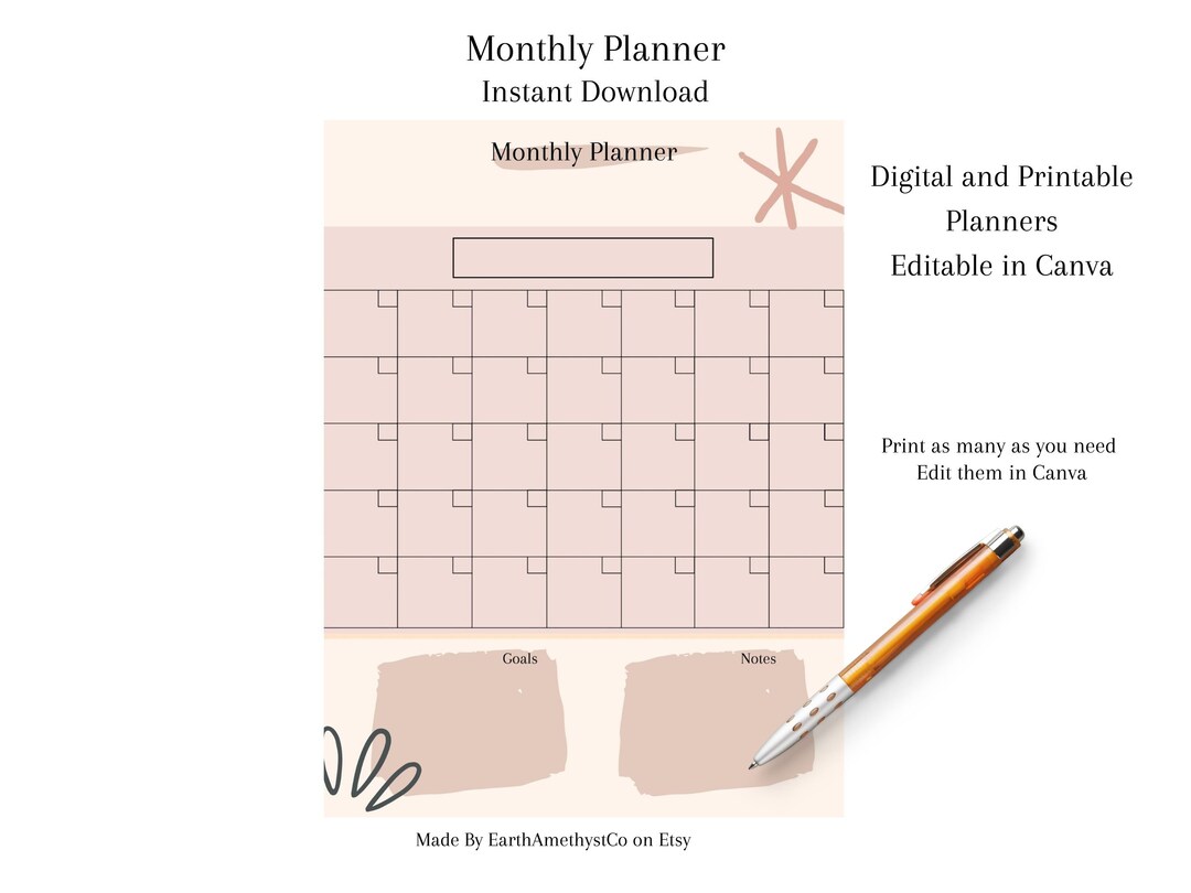Blank Monthly Calendar Monthly Printable Planner Editable Monthly ...
