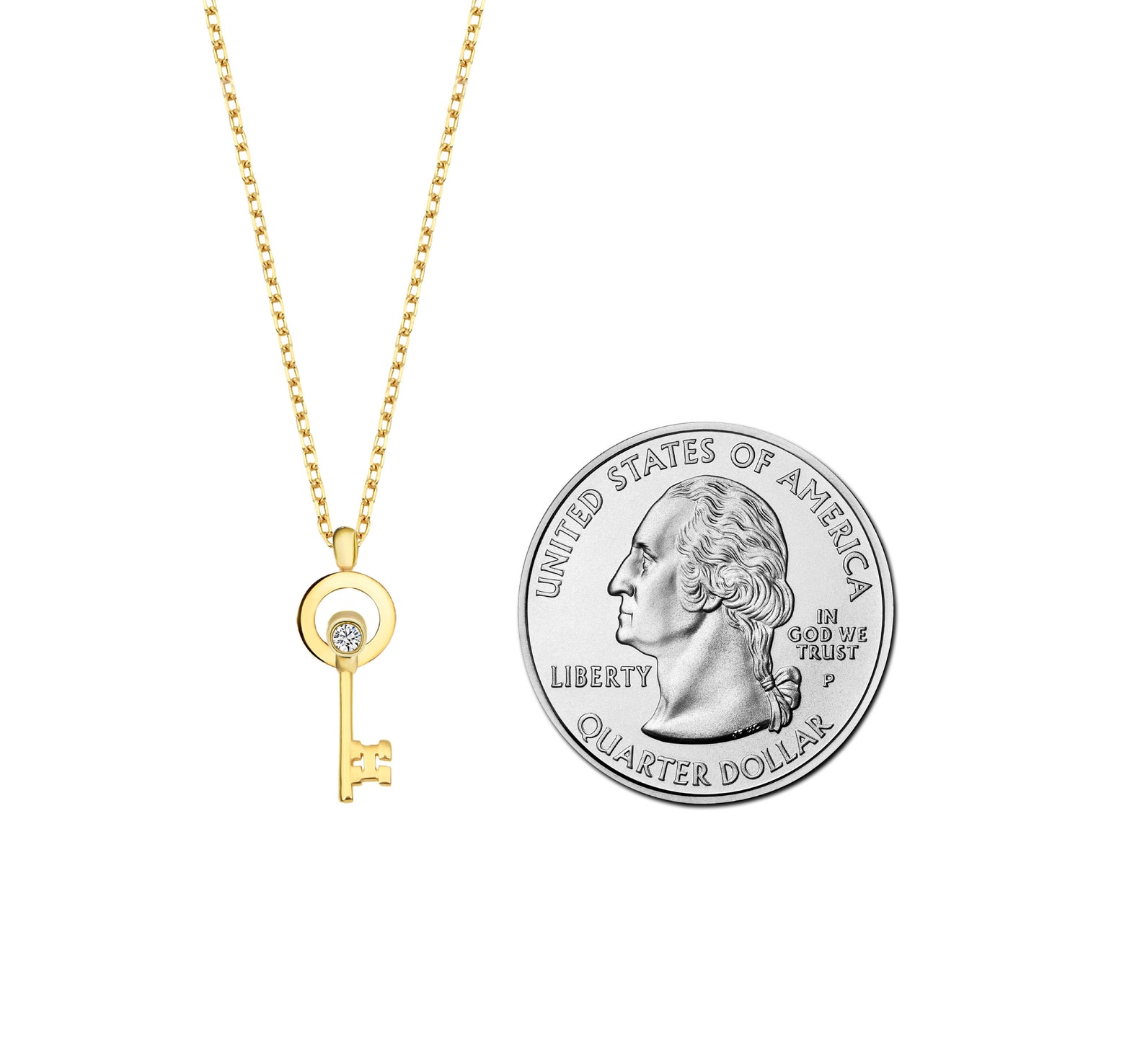 Mini Gold Diamond Key Necklace / 14K Real Solid Gold Key Necklace / 14k ...