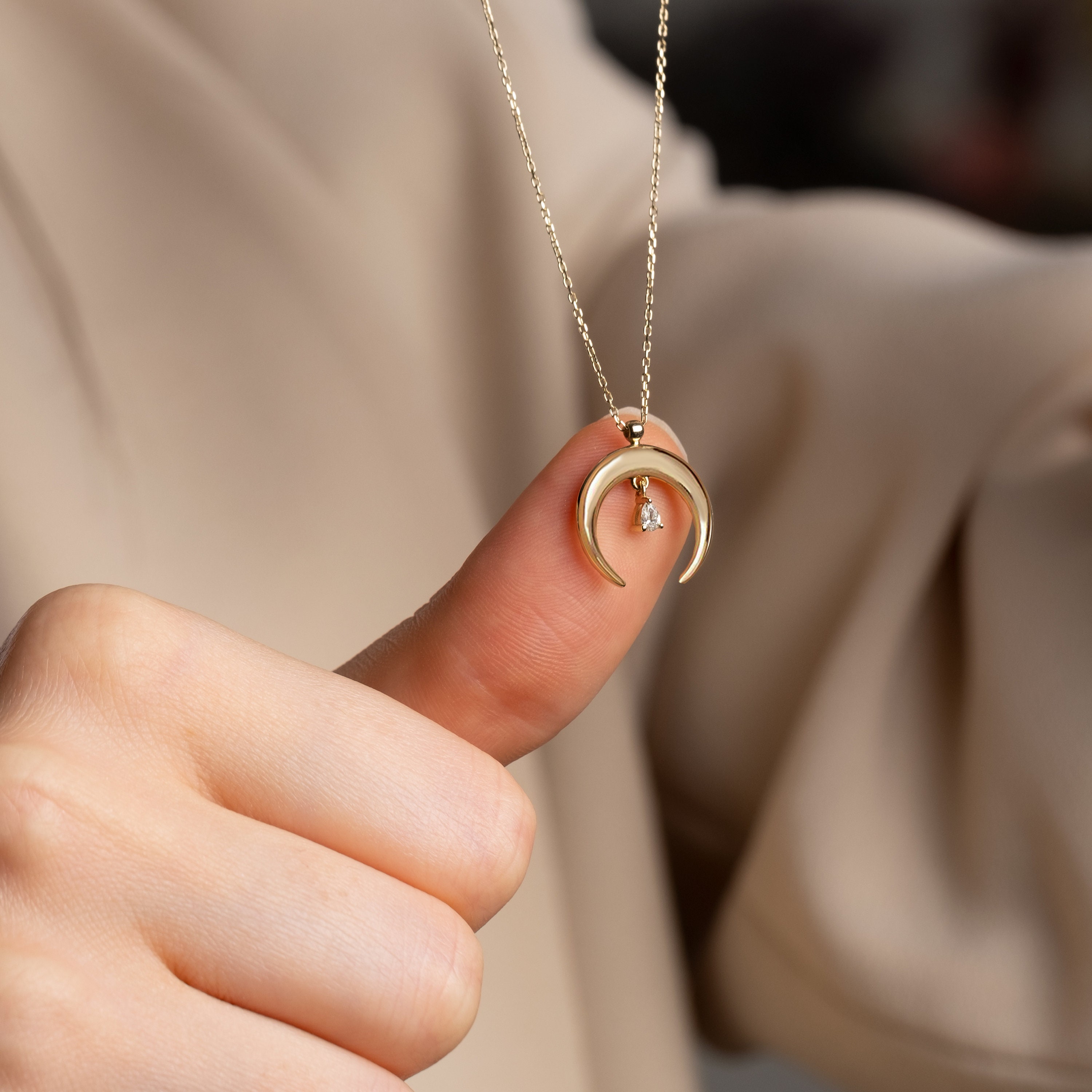 Moon Diamond Necklace 14k Solid Gold , Diamond Crescent Moon Dainty ...