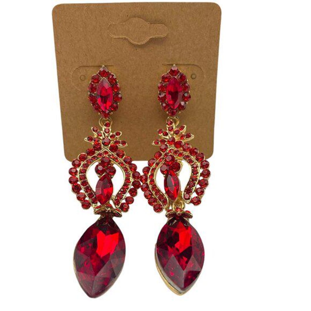 Red Gold Dangle Drop Rhinestone Prom Long Crystal Pageant Earrings - Etsy