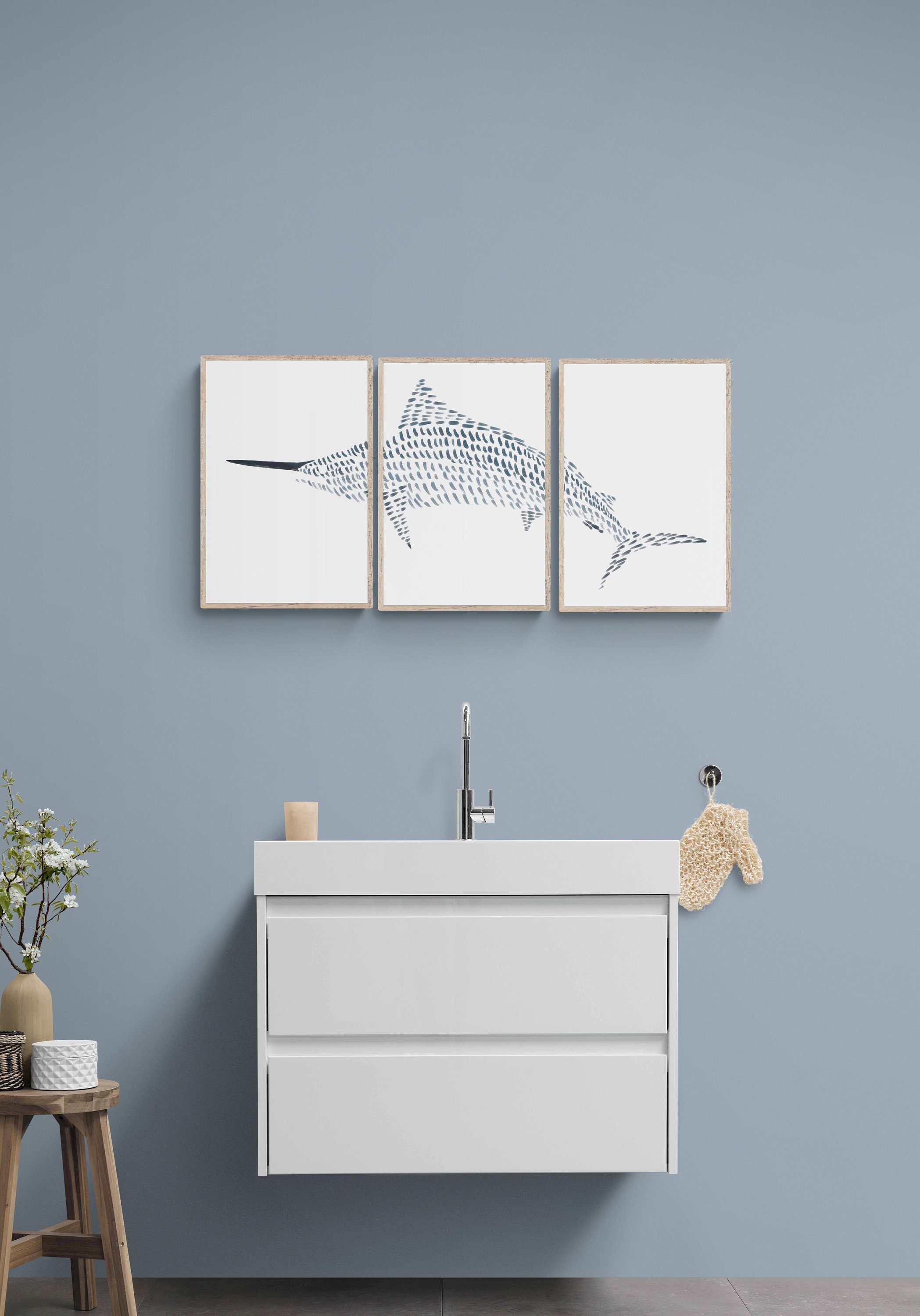 Slate Blue and White Marlin 3 Piece Wall Art Set, Triptych Wall Art Set ...