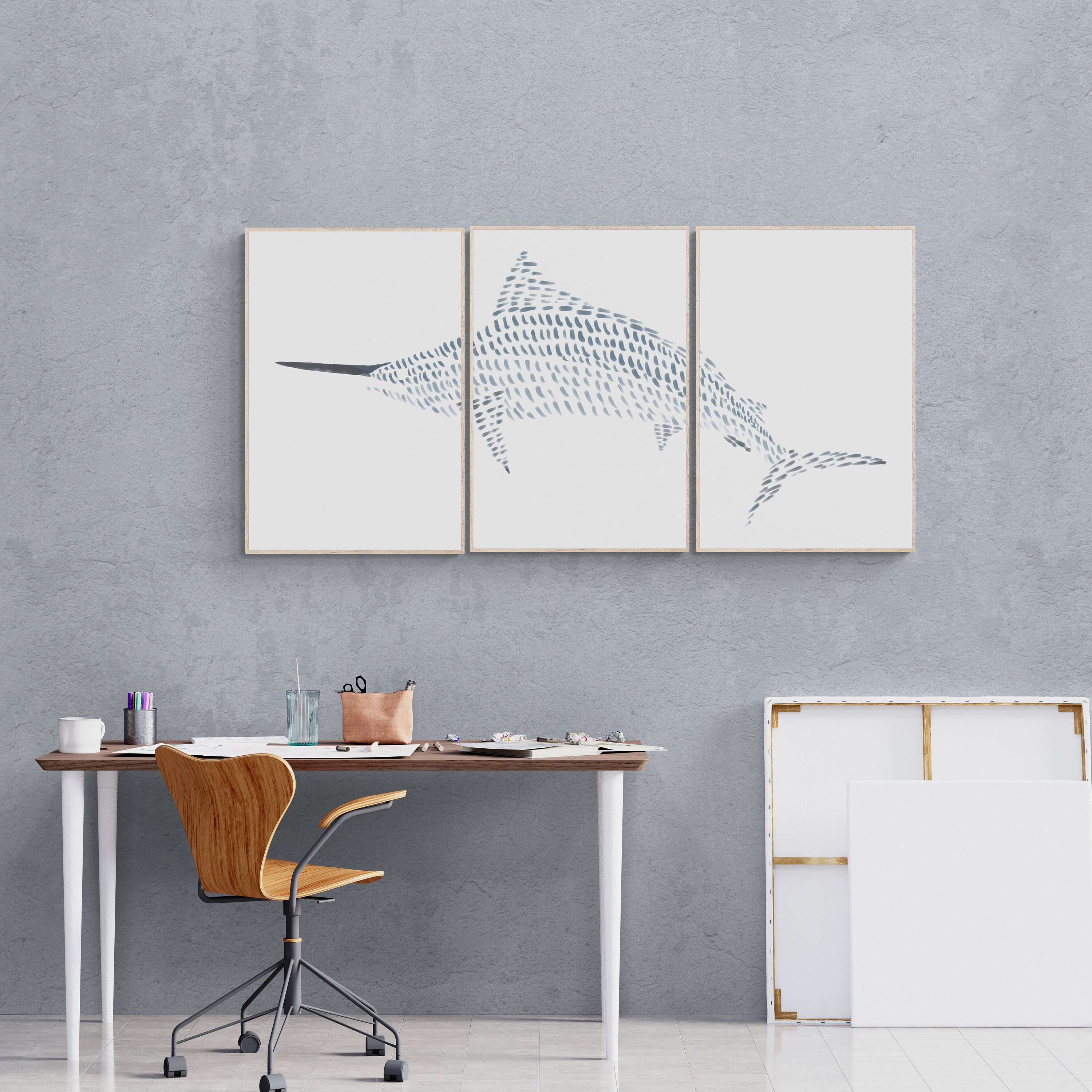 Slate Blue and White Marlin 3 Piece Wall Art Set, Triptych Wall Art Set ...