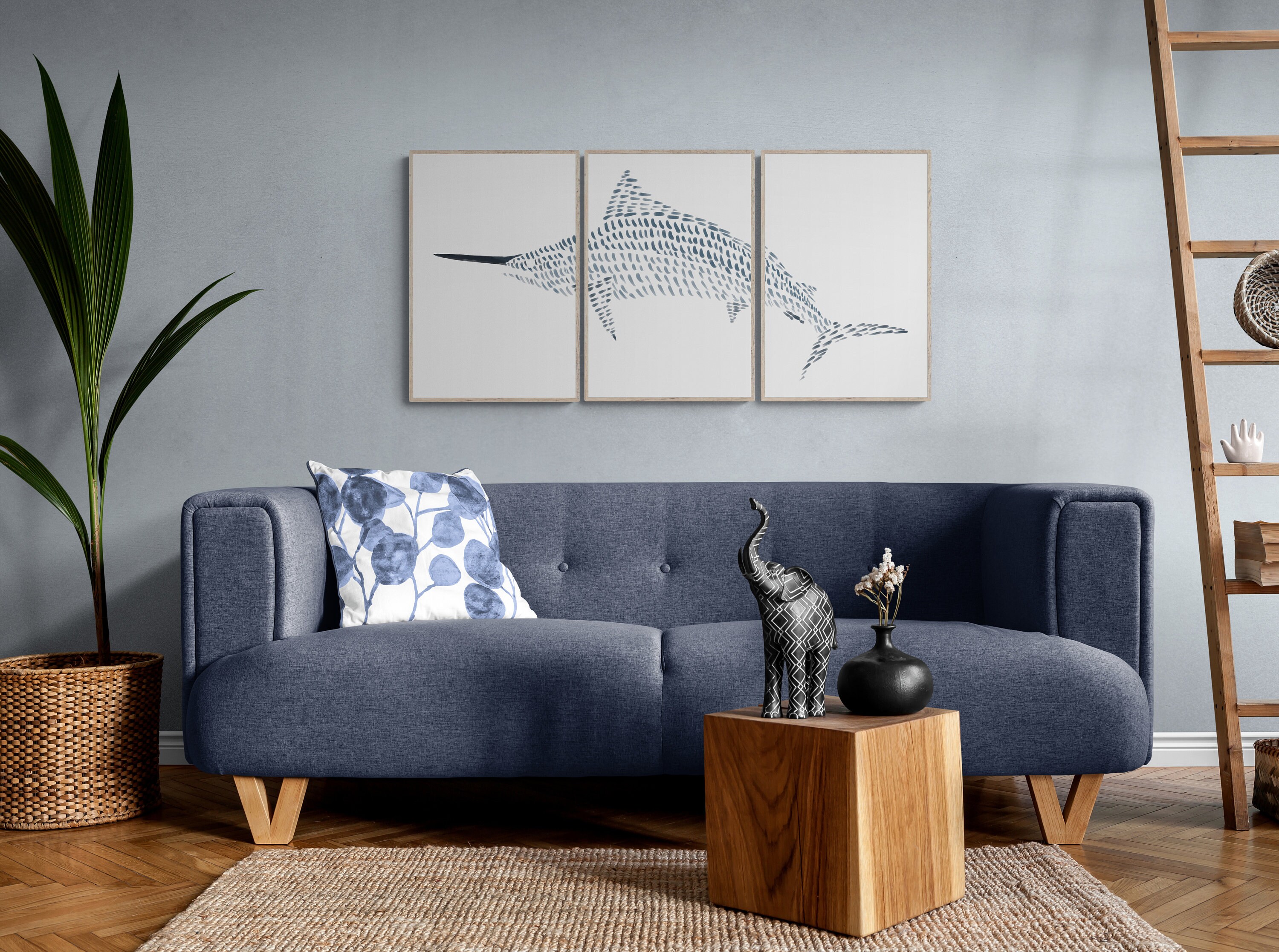 Blue Marlin Triptych Wall Art, Abstract Nautical Prints (digital ...