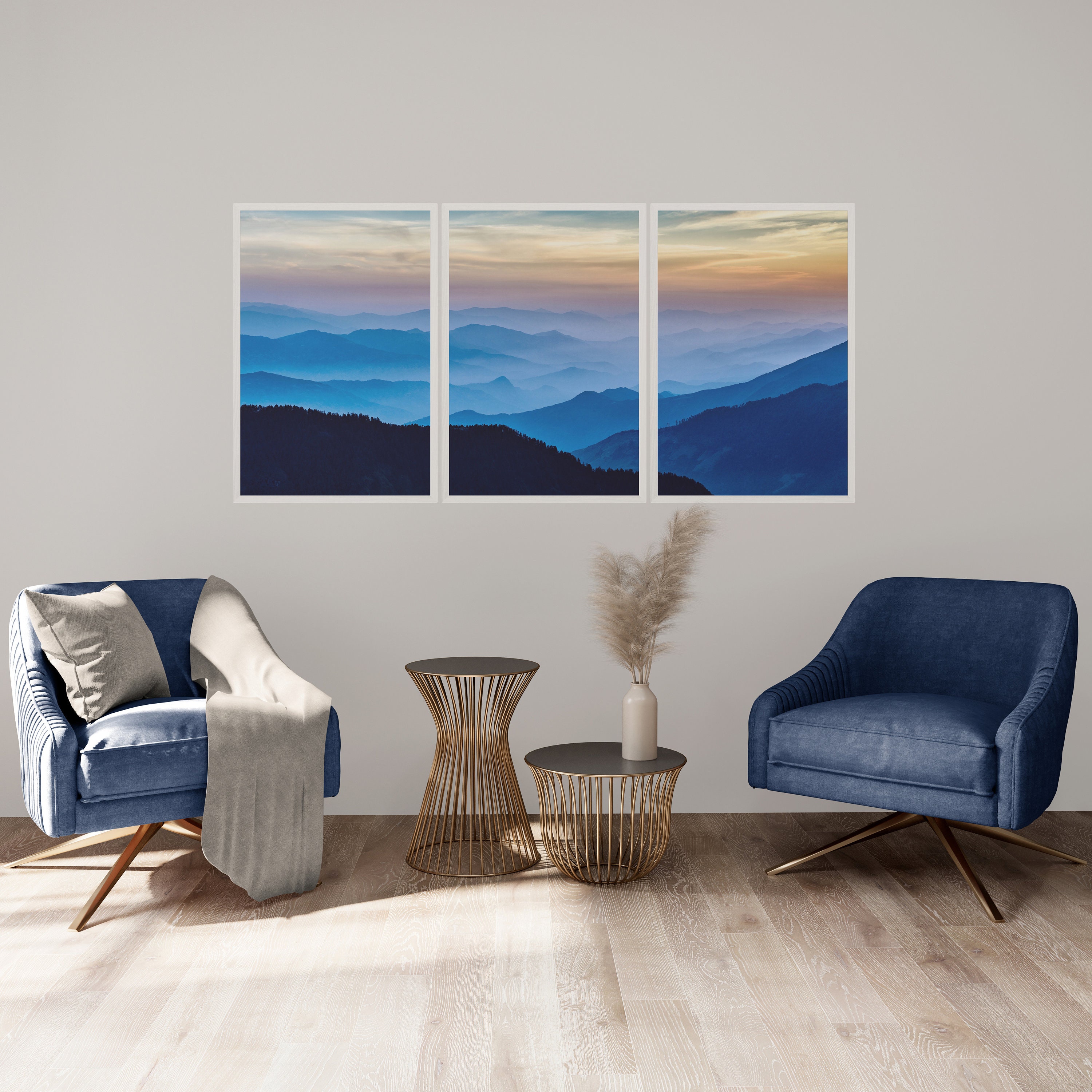 3-teiliger moderner Waldgebirgswand-Kunstdruck, neblige blaue Berglandschaft, Triptychon ...
