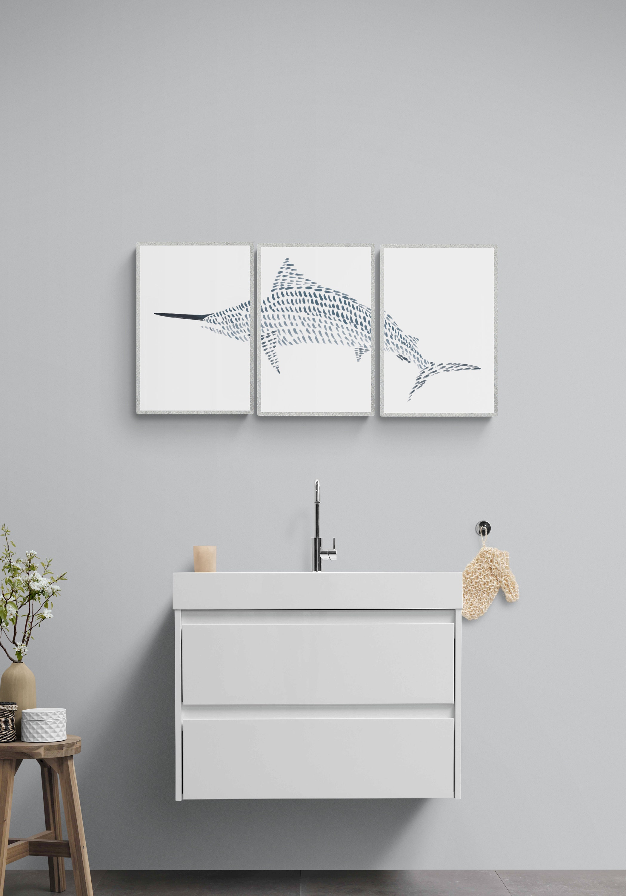 Slate Blue and White Marlin 3 Piece Wall Art Set, Triptych Wall Art Set ...