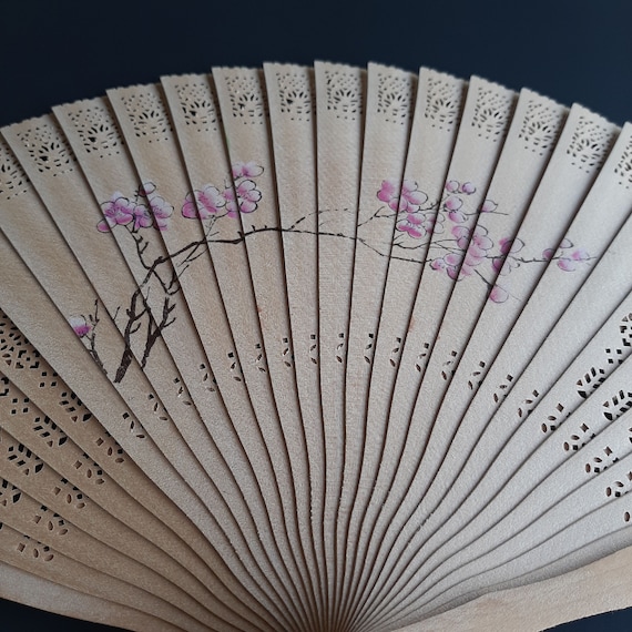 Vintage Asian Folding Handheld Hand Painted Wooden Fan - Gem