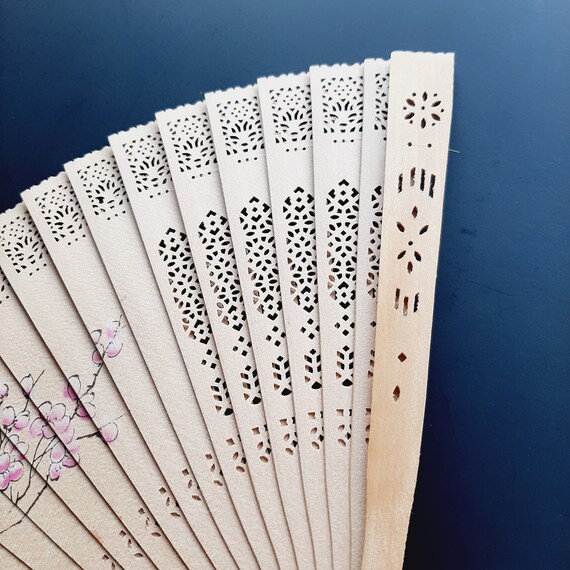 Vintage Asian Folding Handheld Hand Painted Wooden Fan - Gem