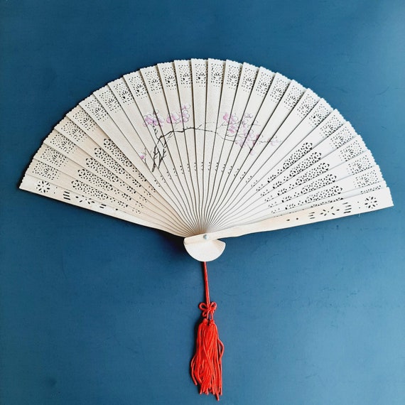 Vintage Asian Folding Handheld Hand Painted Wooden Fan - Gem