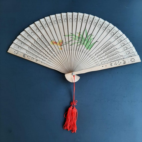 Vintage Asian Folding Handheld Hand Painted Wooden Fan - Gem