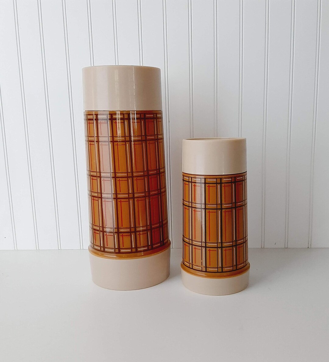 Vintage 1970s Aladdin Red & Tan Plaid Thermos Set - Etsy