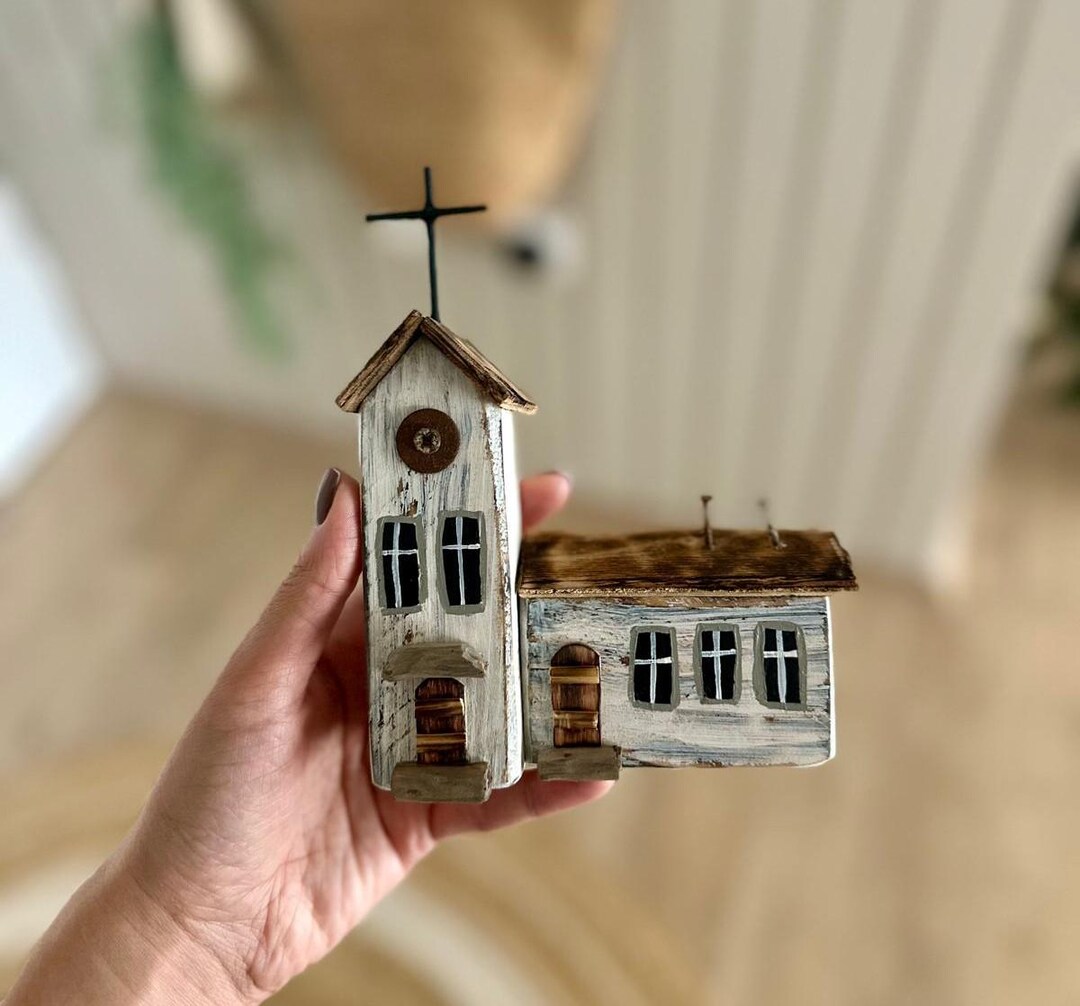 Rustic Wooden Church Decor, Handmade White Church Ornament, Religious ...
