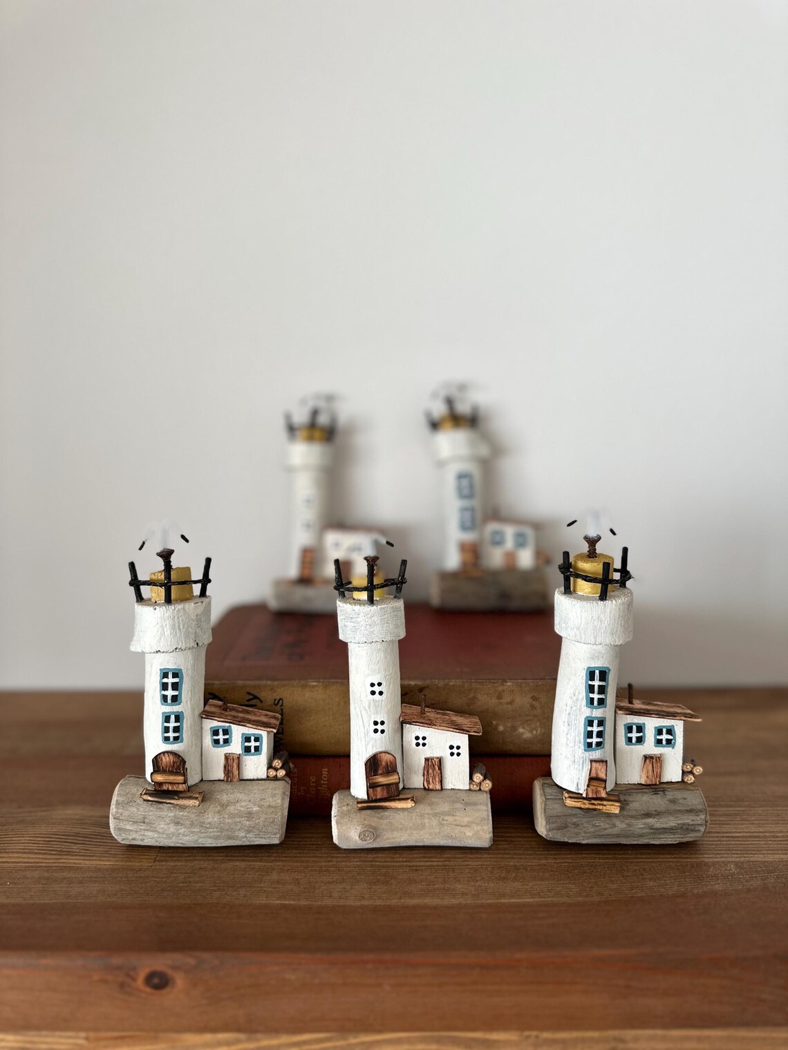Set of 3 - Handmade Driftwood Lighthouse Magnet - Natural Wood Mini ...