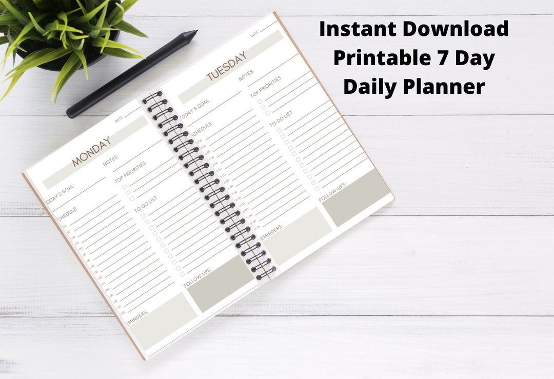Printable 7 Day Daily Planner Instant Download, Goal Setting ...